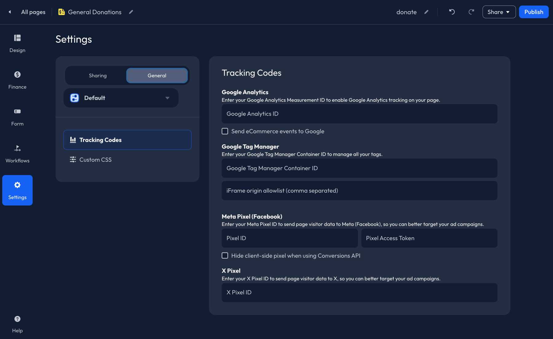 Tracking Codes for Action Pages